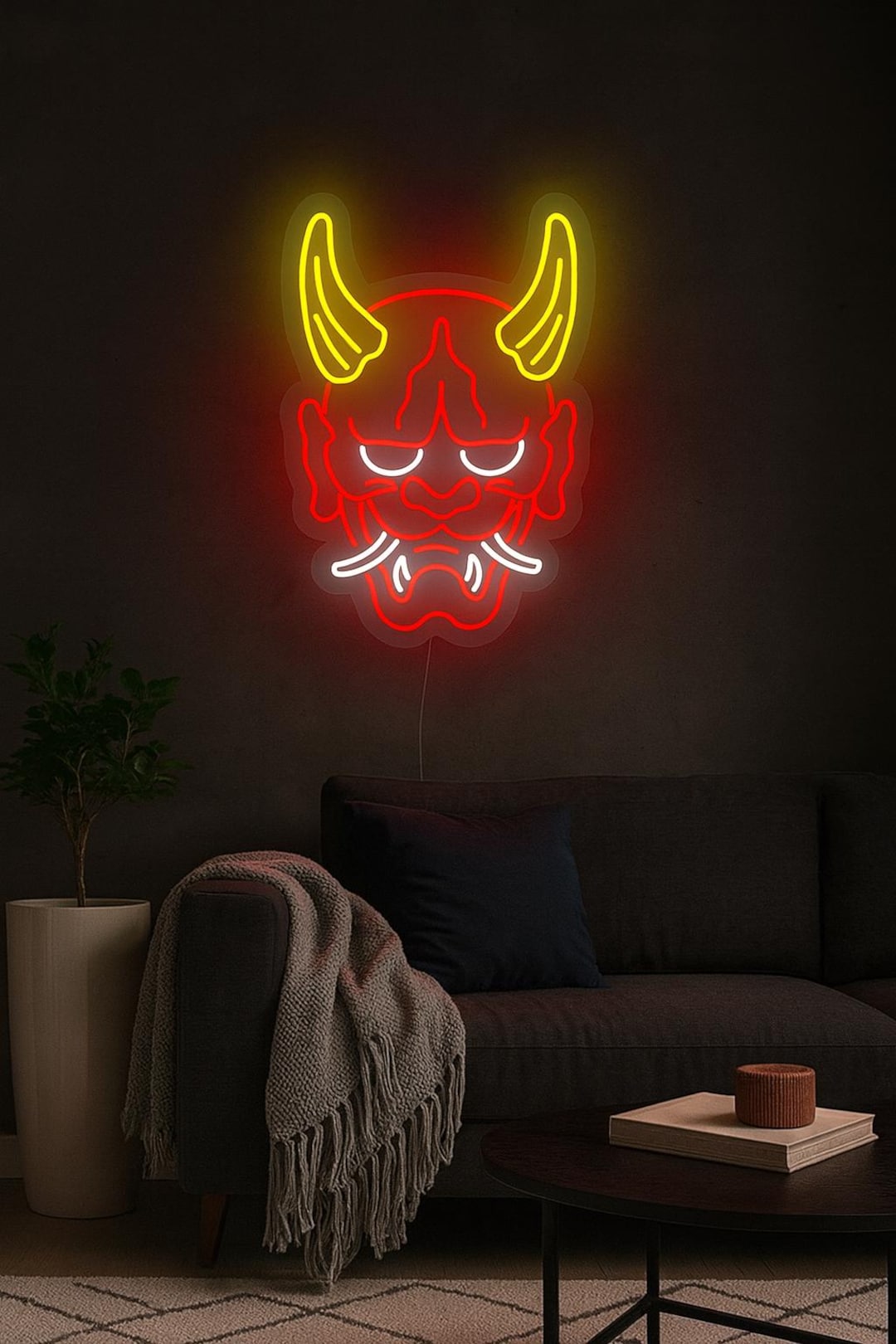 Oni Mask Neon Sign – Japanese Hannya Demon LED Wall Light for Bar ...