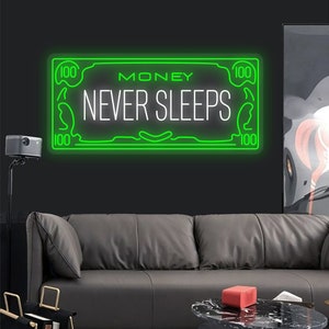 MOTIVATIONAL CANVAS ART - Money Never Sleeps Neon Sign. Wall Decor ...