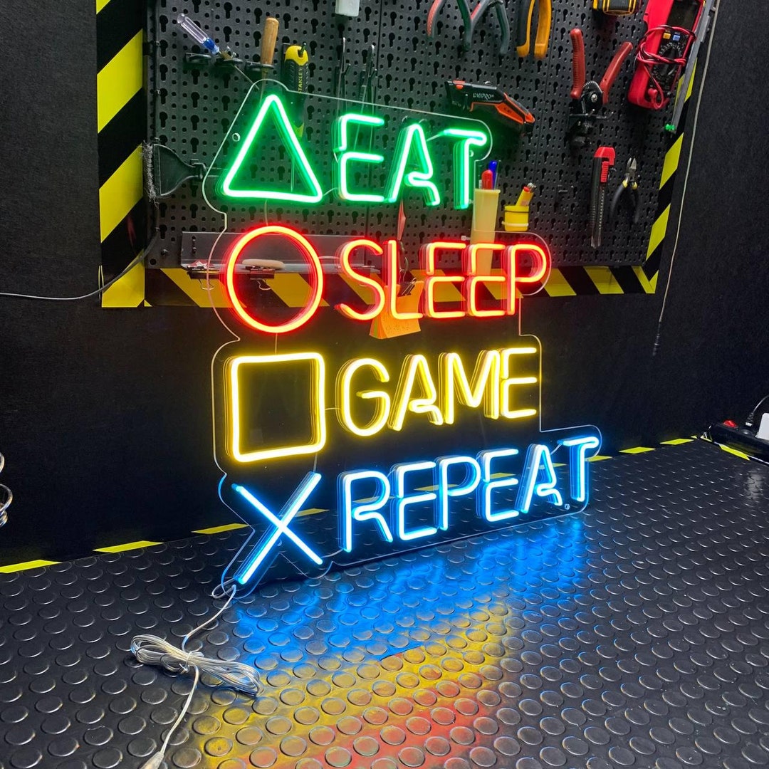 Eat Sleep Game Repeat Neon Sign – Playstation LED Wall Light for Gaming ...