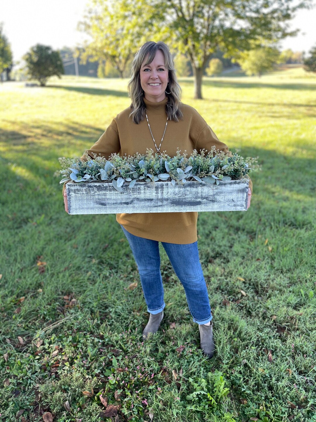 Farmhouse Floral Arrangement, Planter Box With Greenery, Rustic ...