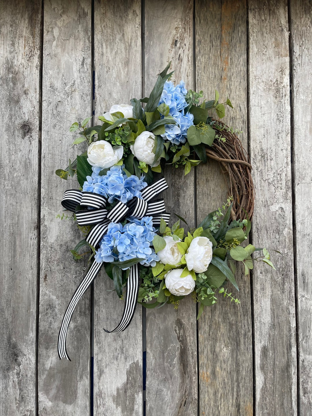 Summer Wreath, Hydrangea Peony Wreath, Eucalyptus, Blue White Wreath ...