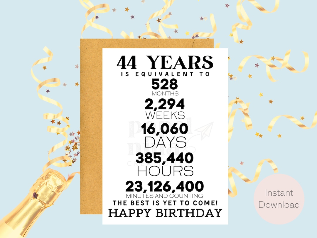 44th Birthday Card | Instant Download | Last Minute Gift | Digital Card ...