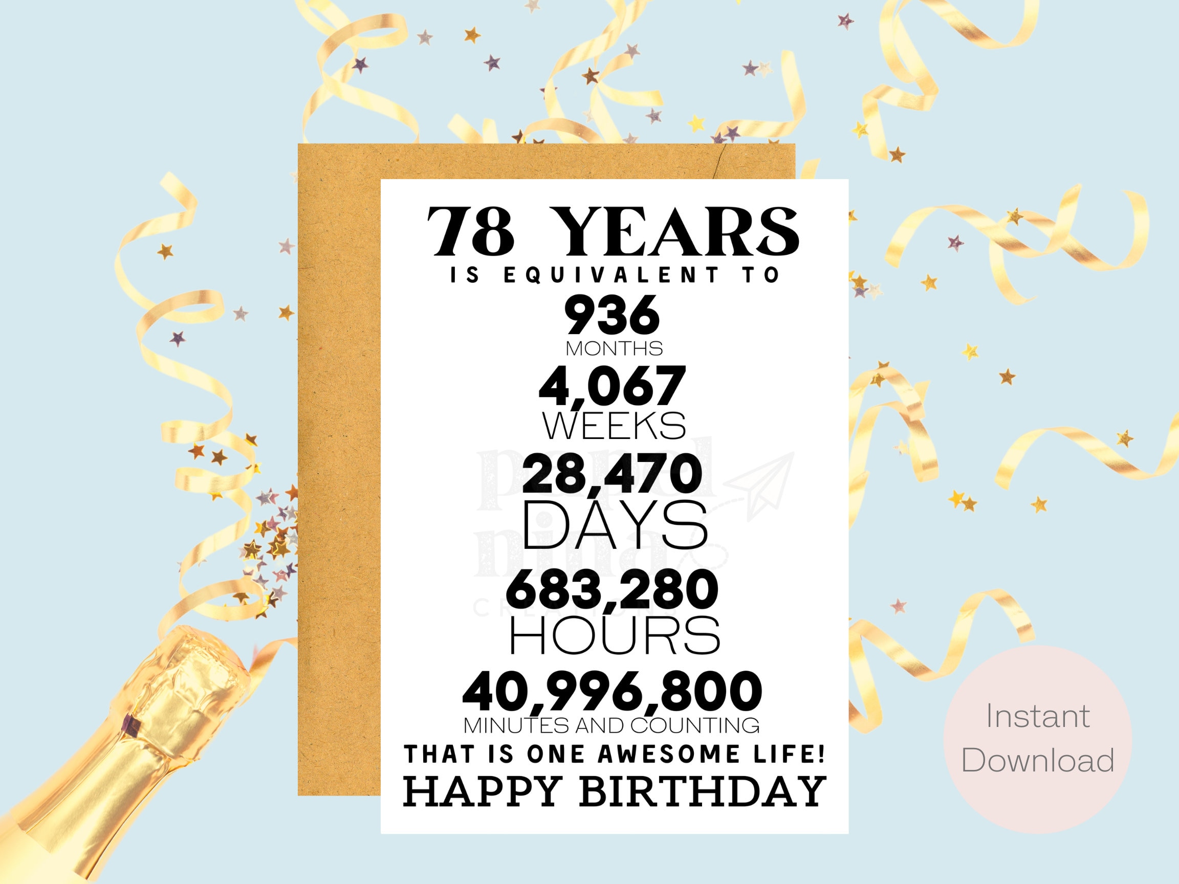 78th Birthday Card Instant Download Last Minute Gift Digital Card E ...