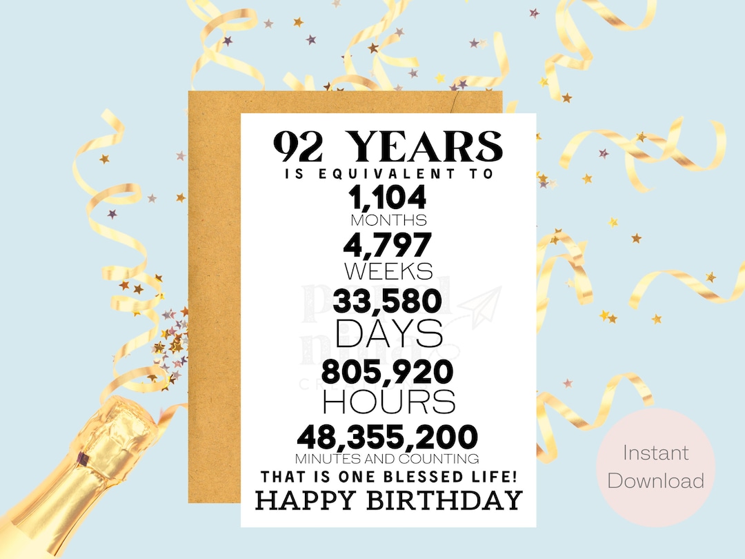 92nd Birthday Card | Instant Download | Last Minute Gift | Digital Card ...