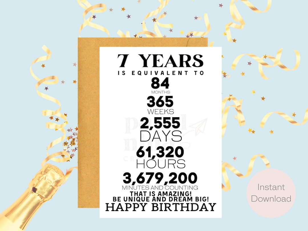 7th Birthday Card | Instant Download | Last Minute Gift | Digital Card ...