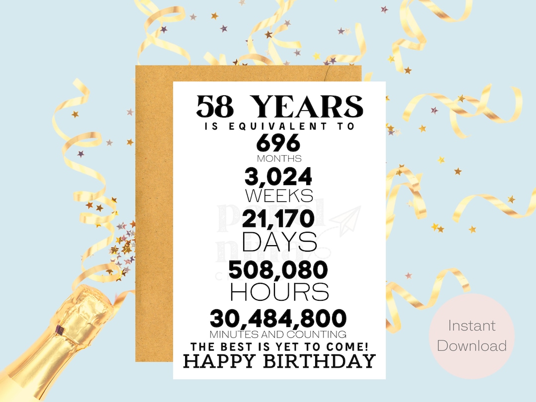 58th Birthday Card | Instant Download | Last Minute Gift | Digital Card ...