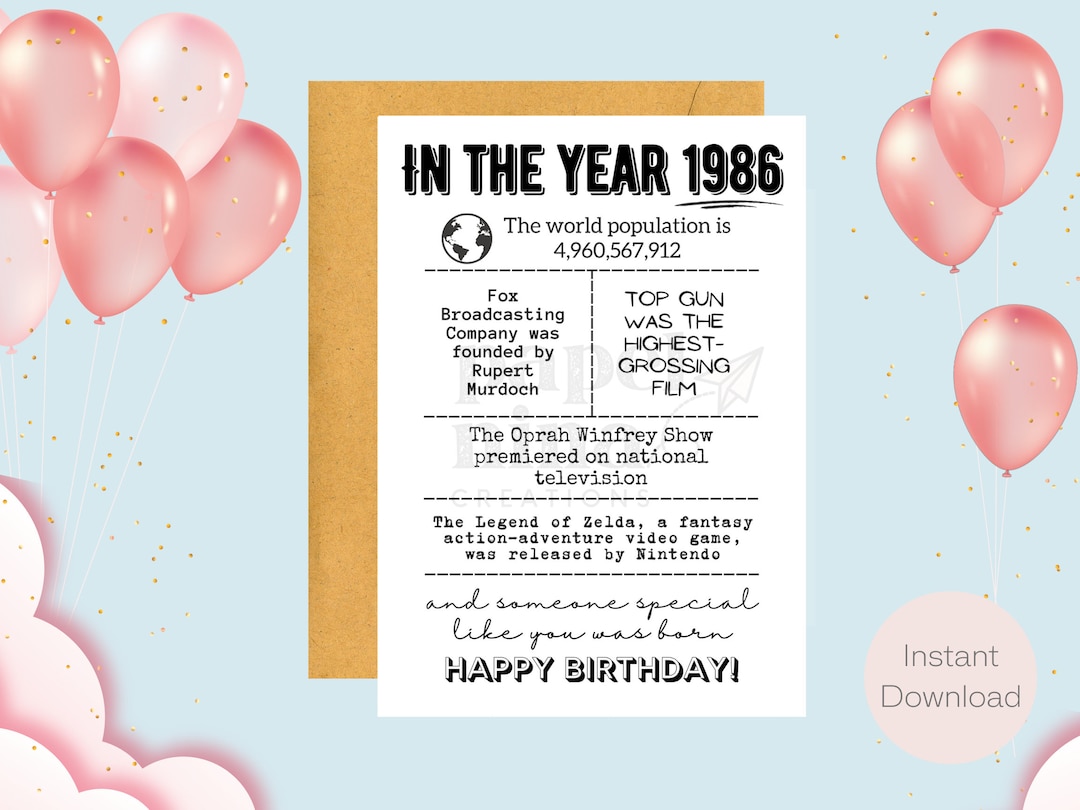 In the Year 1986 | in the Year You Were Born Birthday Card | Instant ...