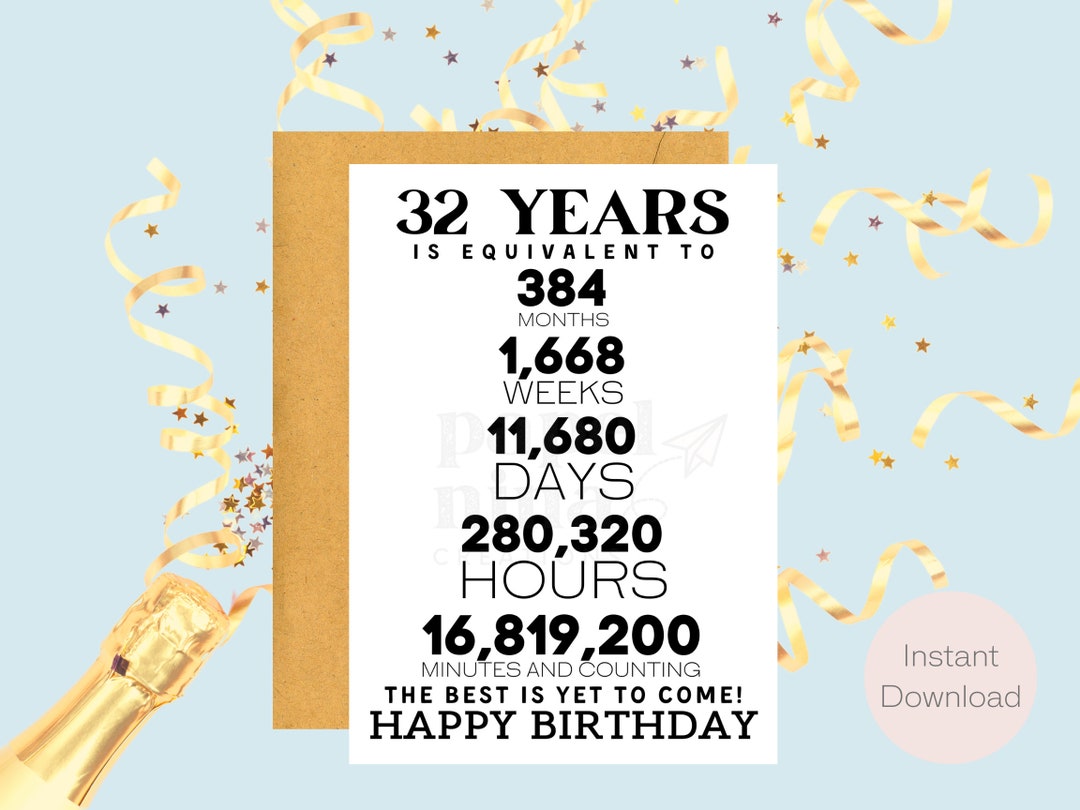 32nd Birthday Card | Instant Download | Last Minute Gift | Digital Card ...