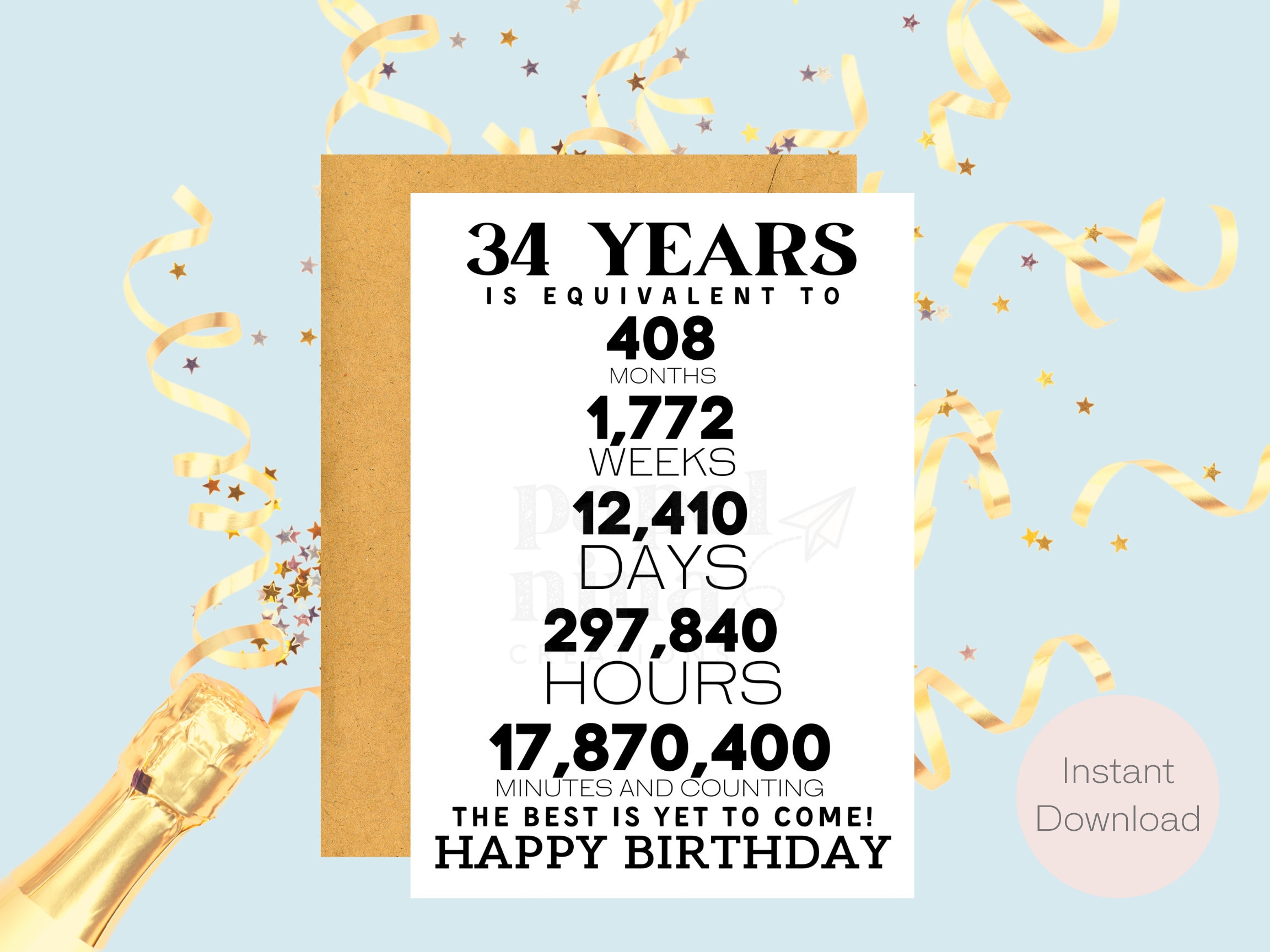 34th Birthday Card | Instant Download | Last Minute Gift | Digital Card | E-card | Greeting Card ...