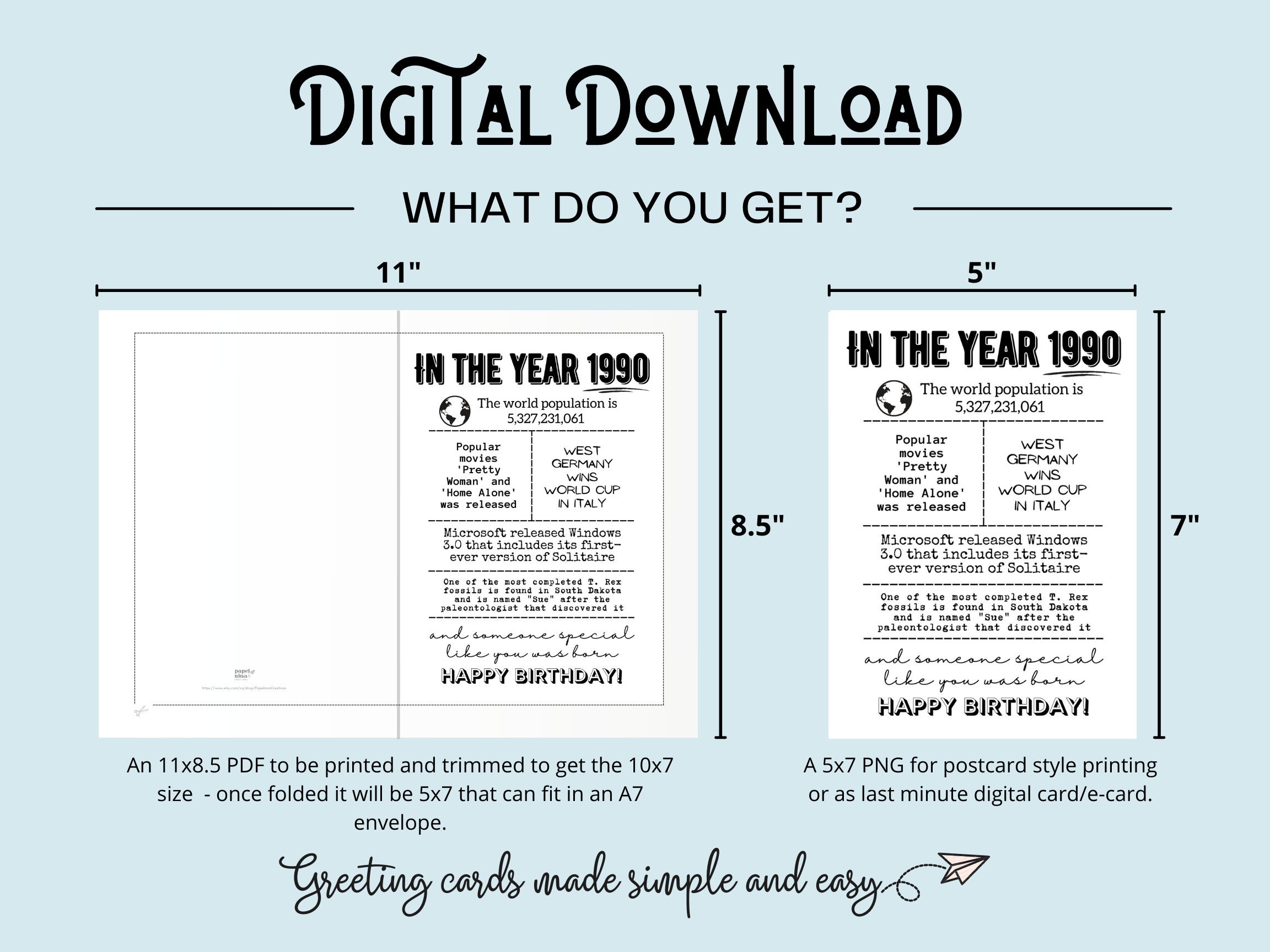 In the Year 1990 | in the Year You Were Born Birthday Card | Instant ...