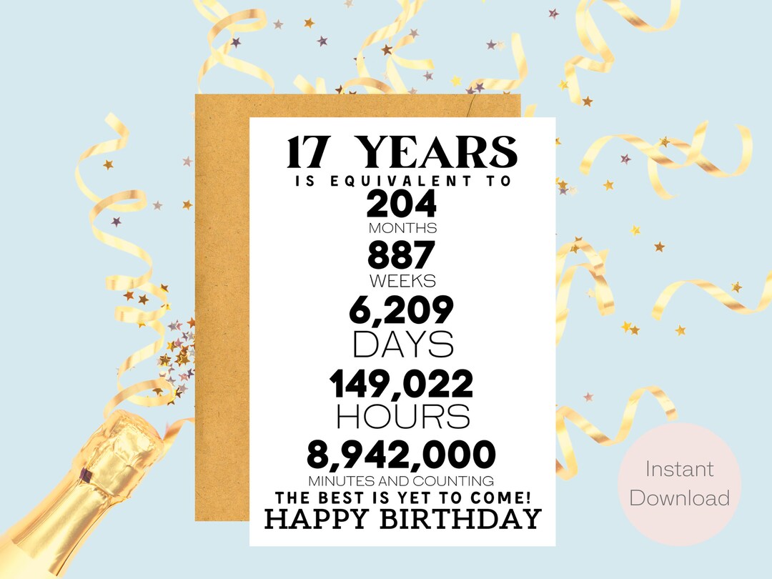 17th Birthday Card | Instant Download | Last Minute Gift | Digital Card ...