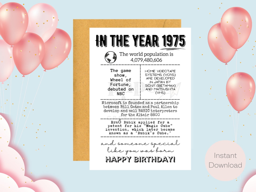 In the Year 1975 | in the Year You Were Born Birthday Card | Instant Download | Last Minute Gift ...