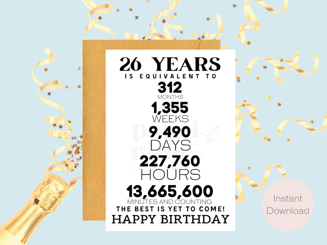 26th Birthday Card | Instant Download | Last Minute Gift | Digital Card ...