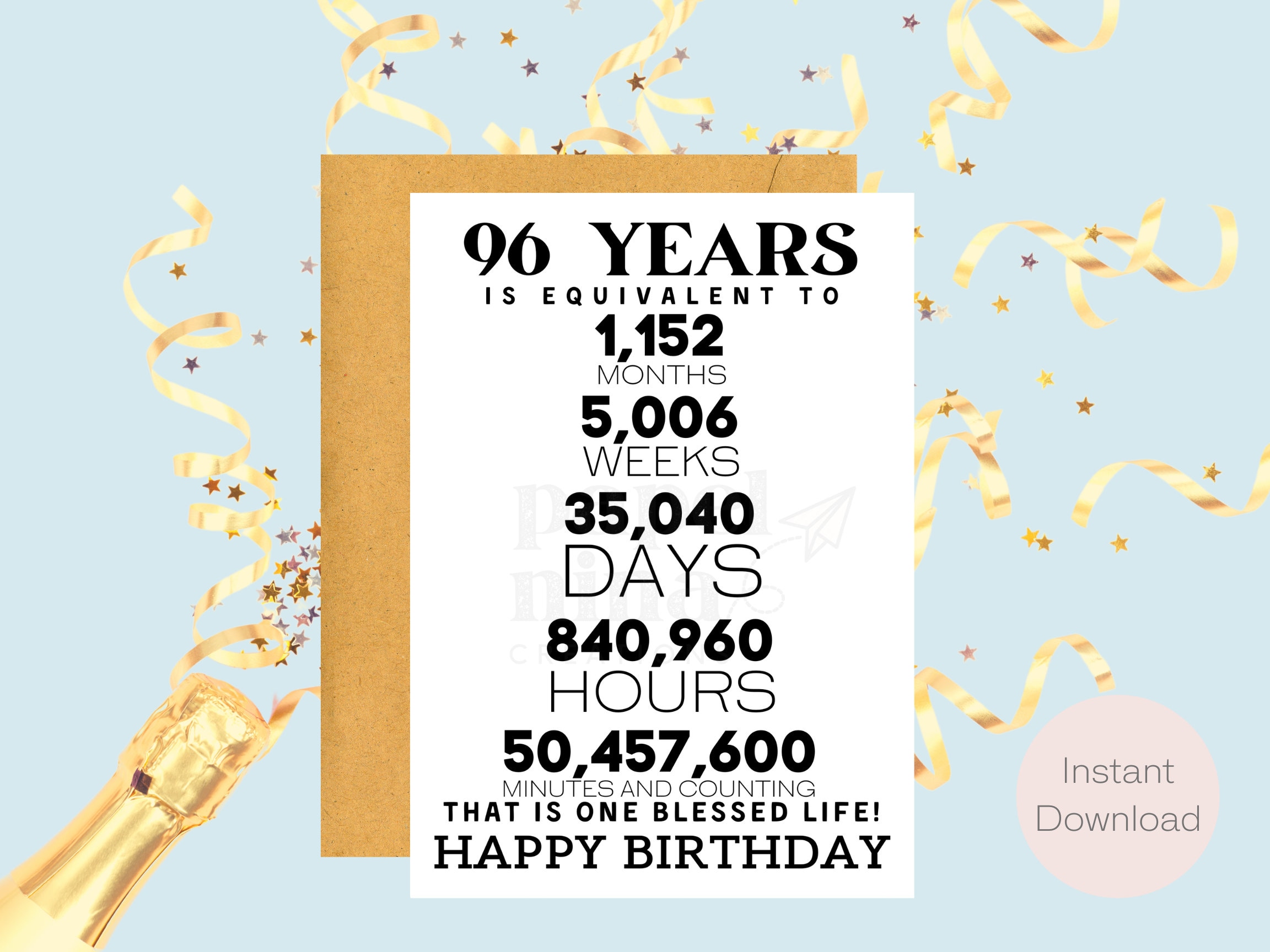 96th Birthday Card | Instant Download | Last Minute Gift | Digital Card ...