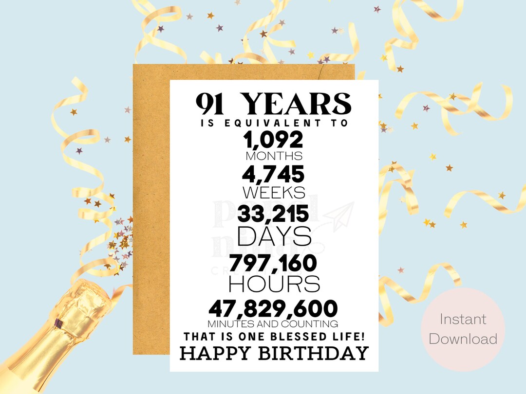 91st Birthday Card | Instant Download | Last Minute Gift | Digital Card ...