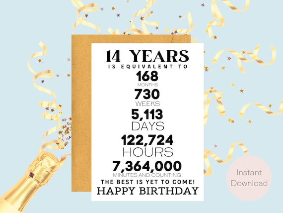 14th Birthday Card Instant Download Last Minute Gift - Etsy