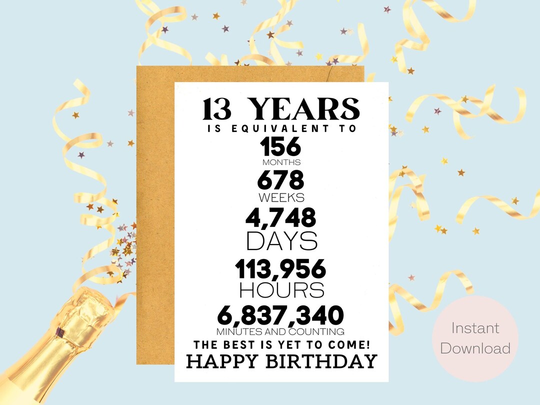 13th Birthday Card | Instant Download | Last Minute Gift | Digital Card ...