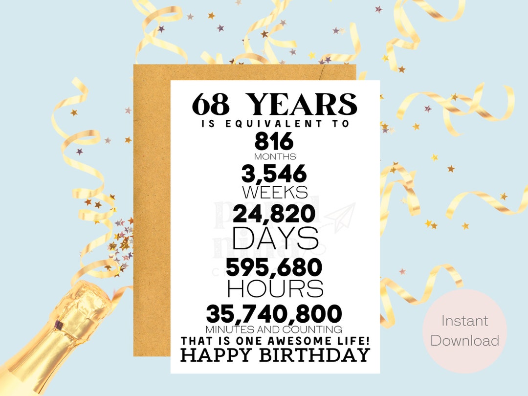 68th Birthday Card | Instant Download | Last Minute Gift | Digital Card ...
