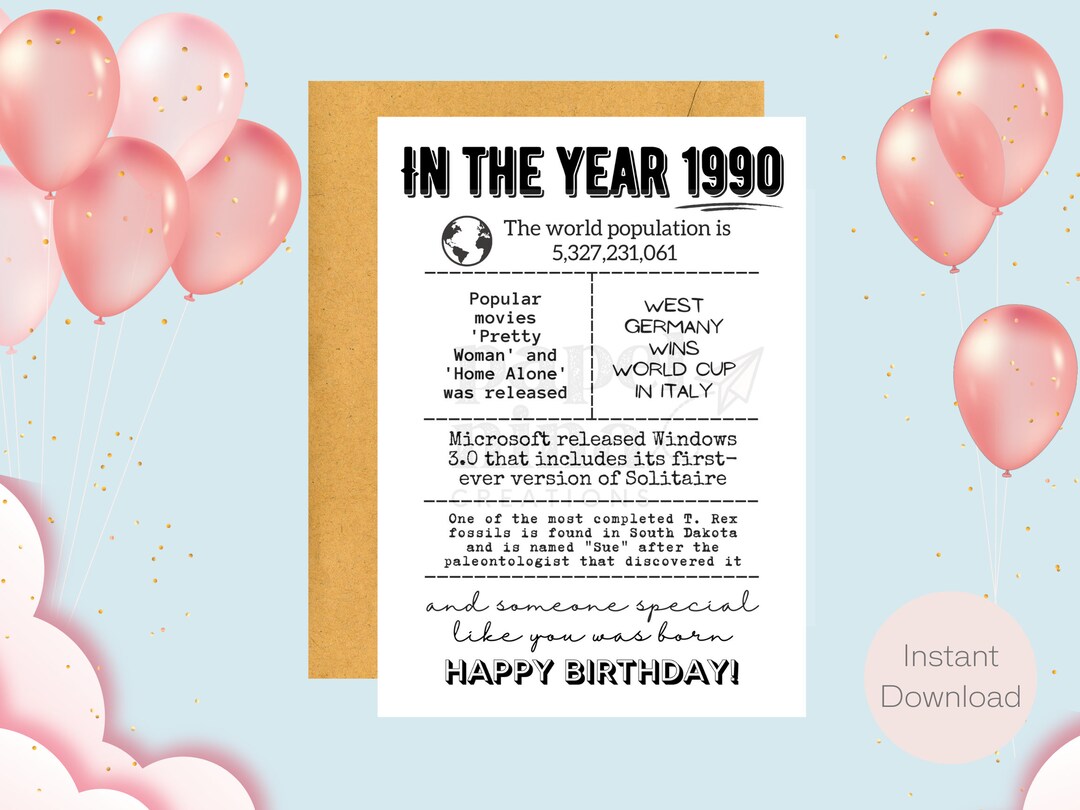 In the Year 1990 | in the Year You Were Born Birthday Card | Instant ...