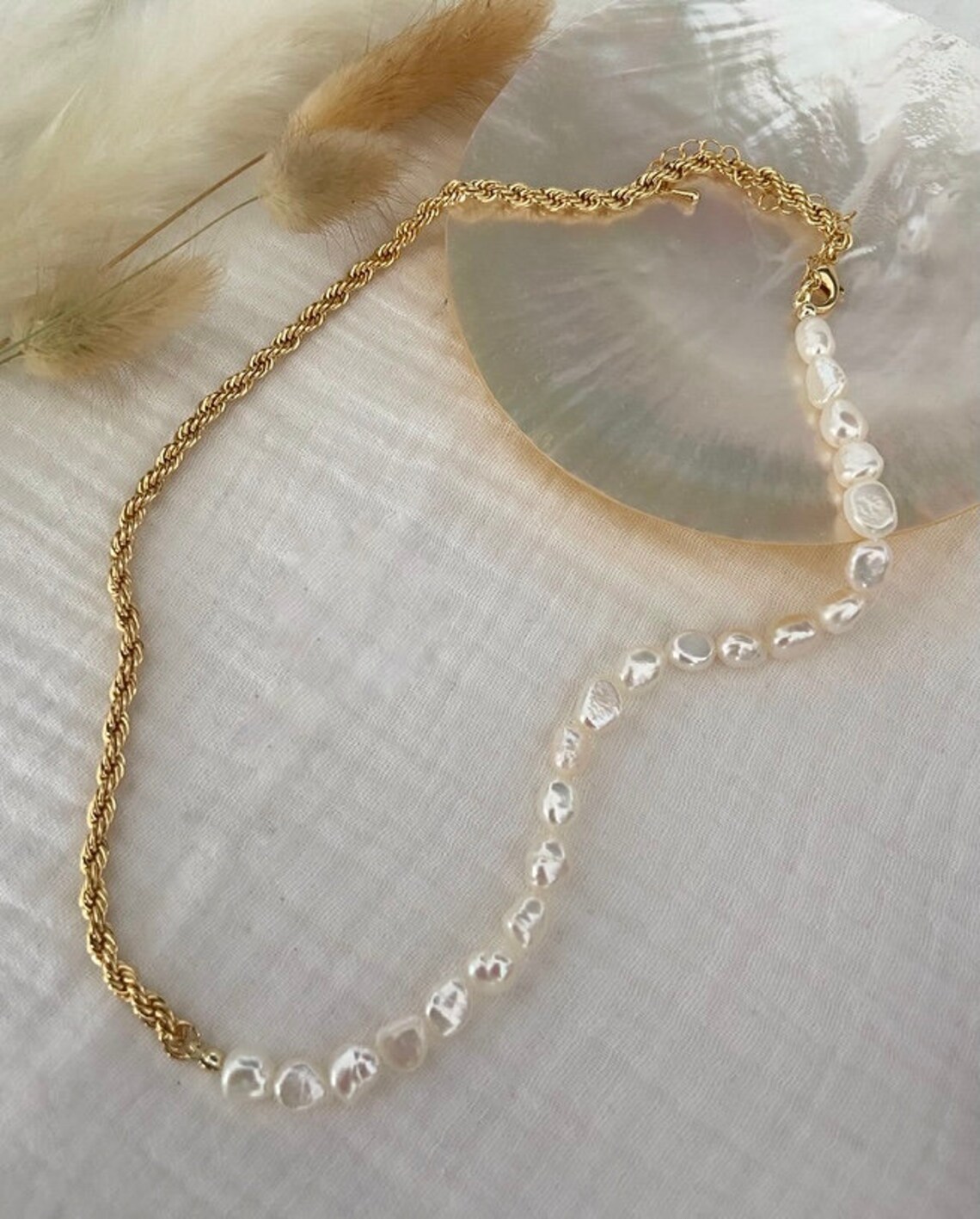 18K Gold Plated Chain Necklace with Fresh Water Pearls | Etsy