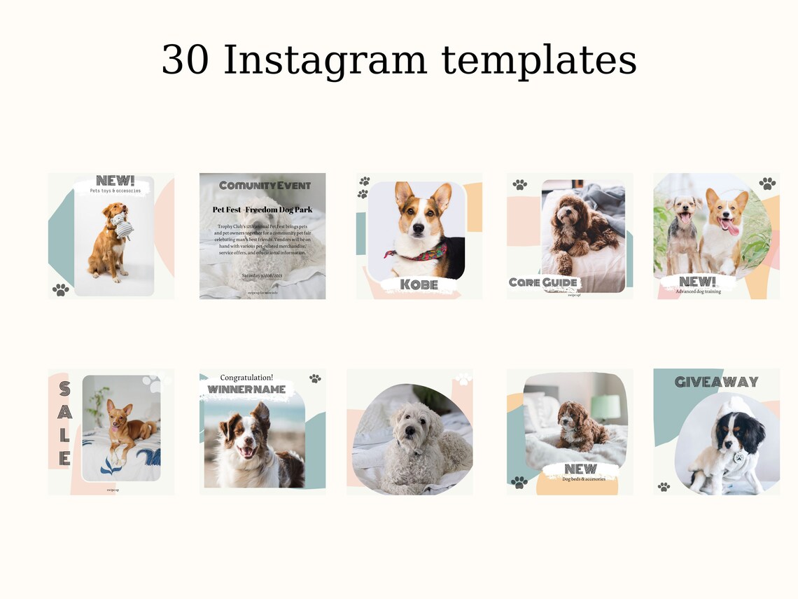 30 PETS POST TEMPLATE for Instagram, Social Media Posts for Dog and Pet ...