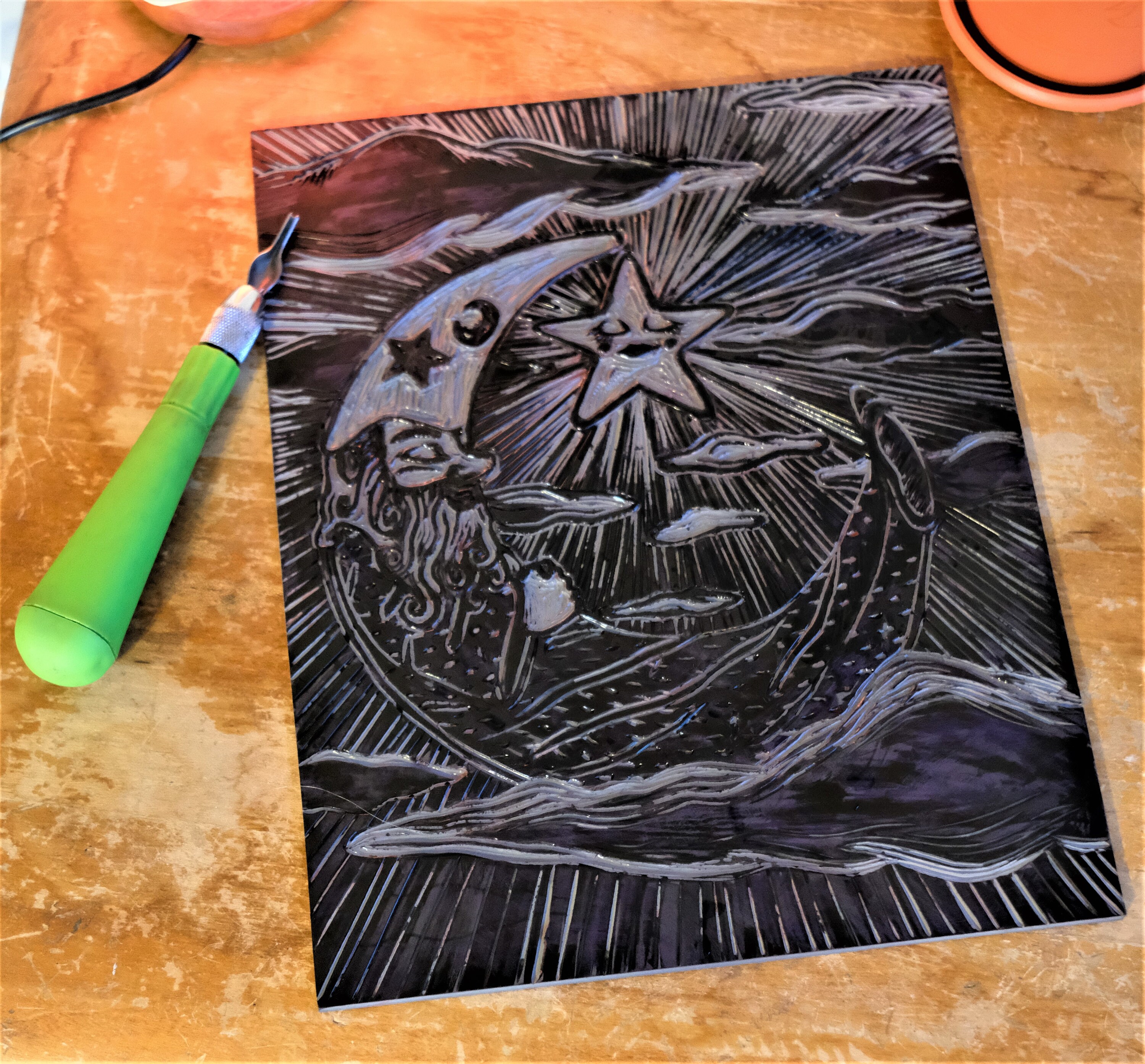 Moon and Star Night Sky Linocut Print - Etsy