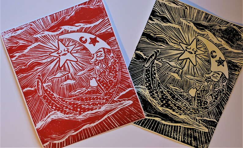 Moon and Star Night Sky Linocut Print - Etsy Australia