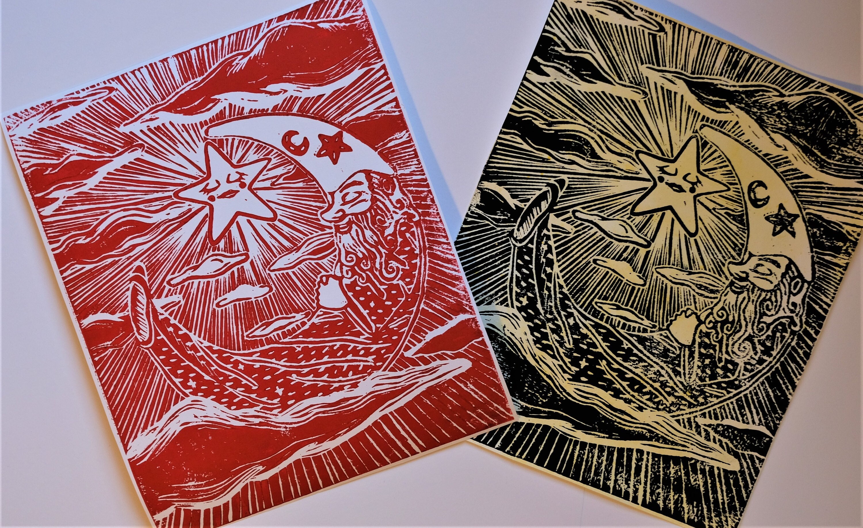 Moon and Star Night Sky Linocut Print - Etsy