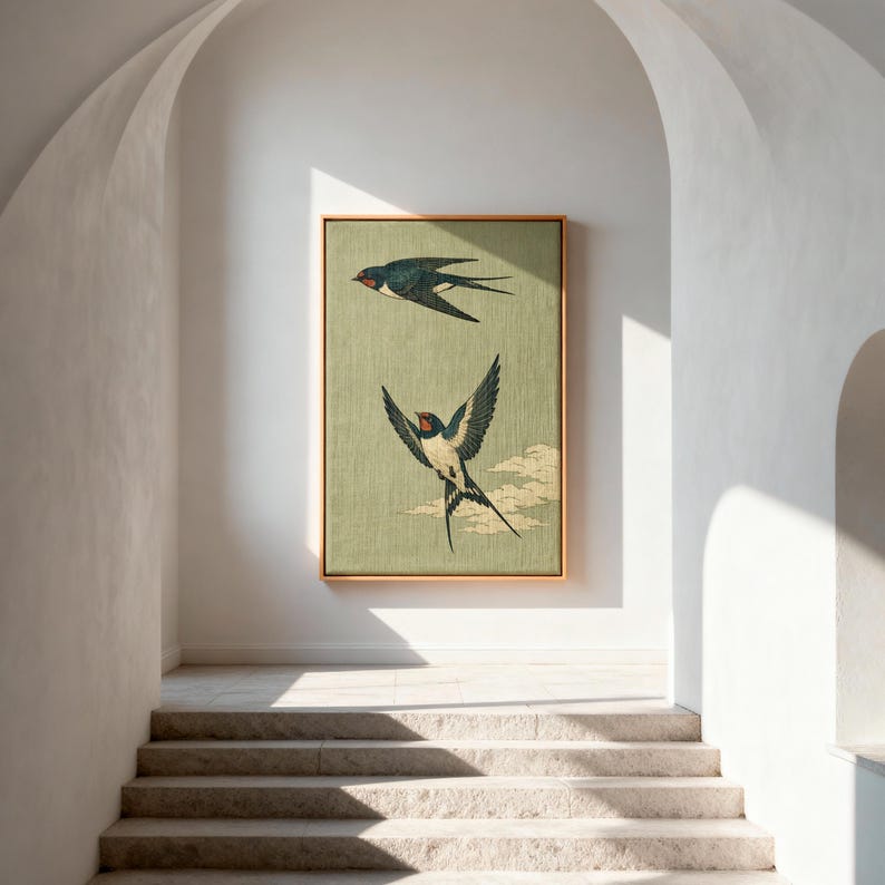 Vintage Style Swallow Bird Canvas Wall Art, Japanese Flying Birds Print ...