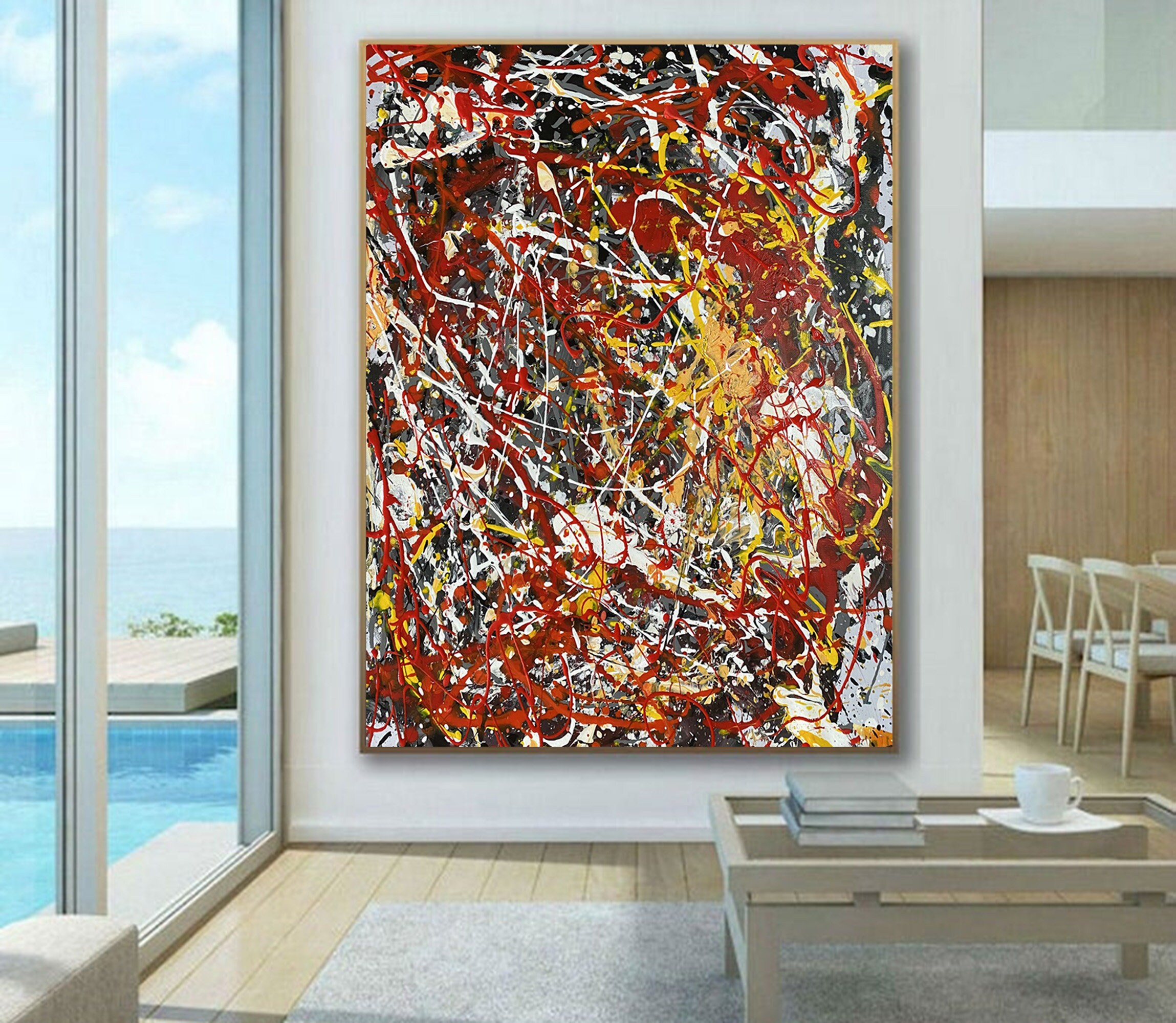 Jackson Pollock Style Red Yellow Acrylic Painting, Rich Impasto Luxury ...