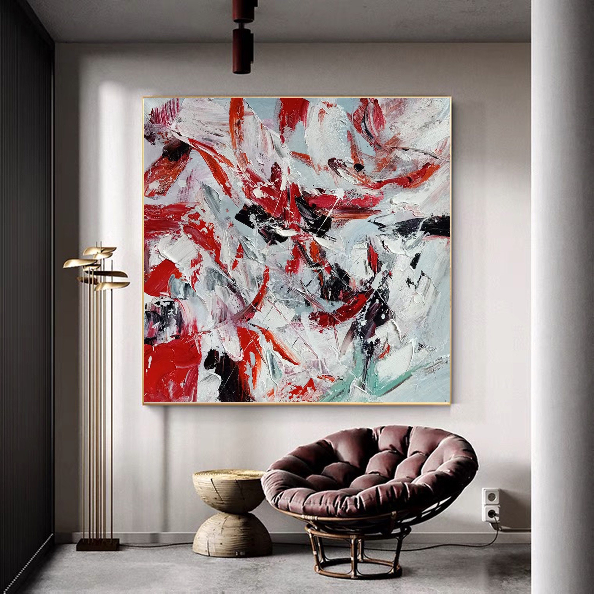 Large Red and White Abstract Painting, Red Modern Art, Contemporary Red ...