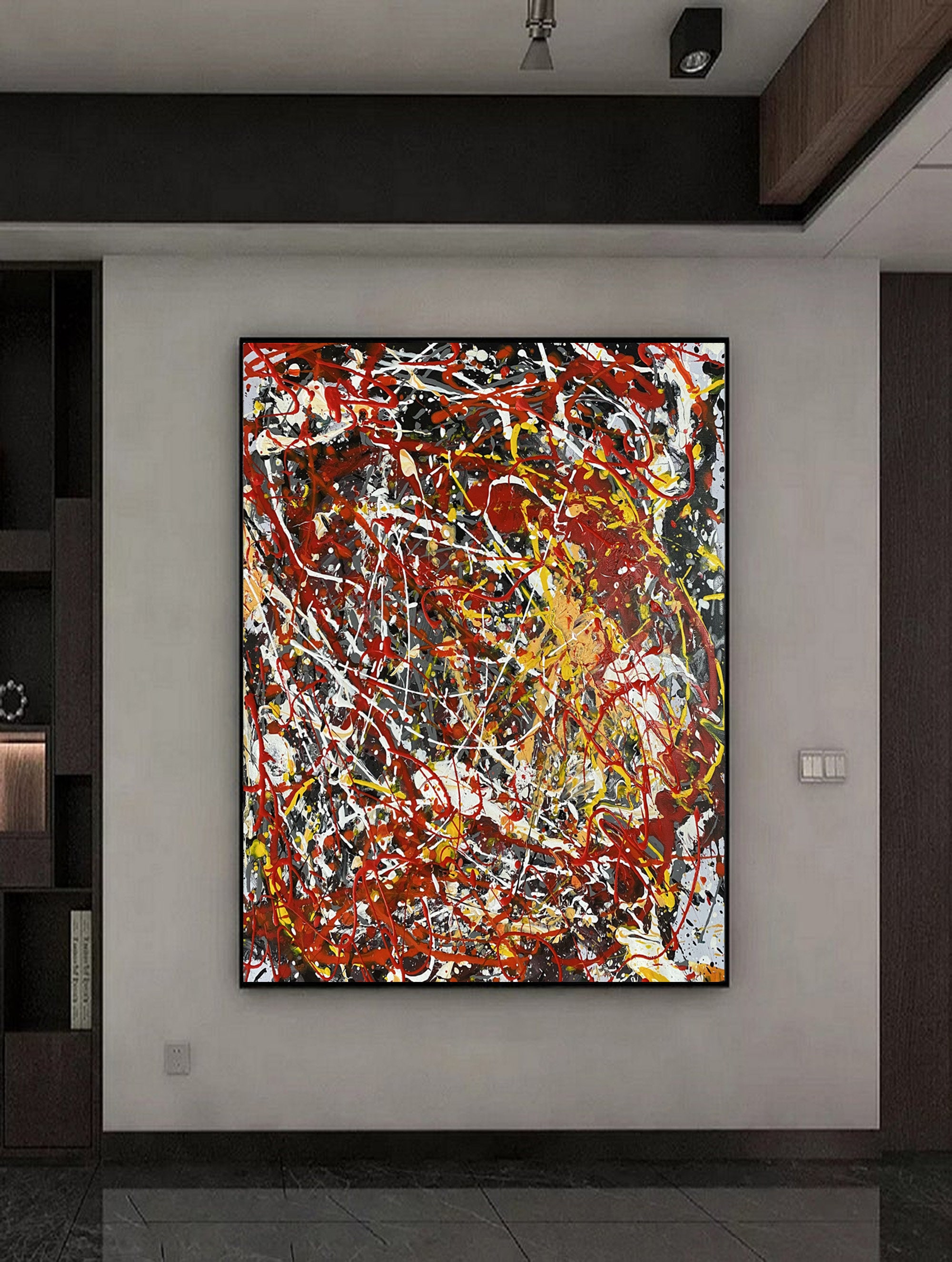 Jackson Pollock Style Red Yellow Acrylic Painting, Rich Impasto Luxury ...