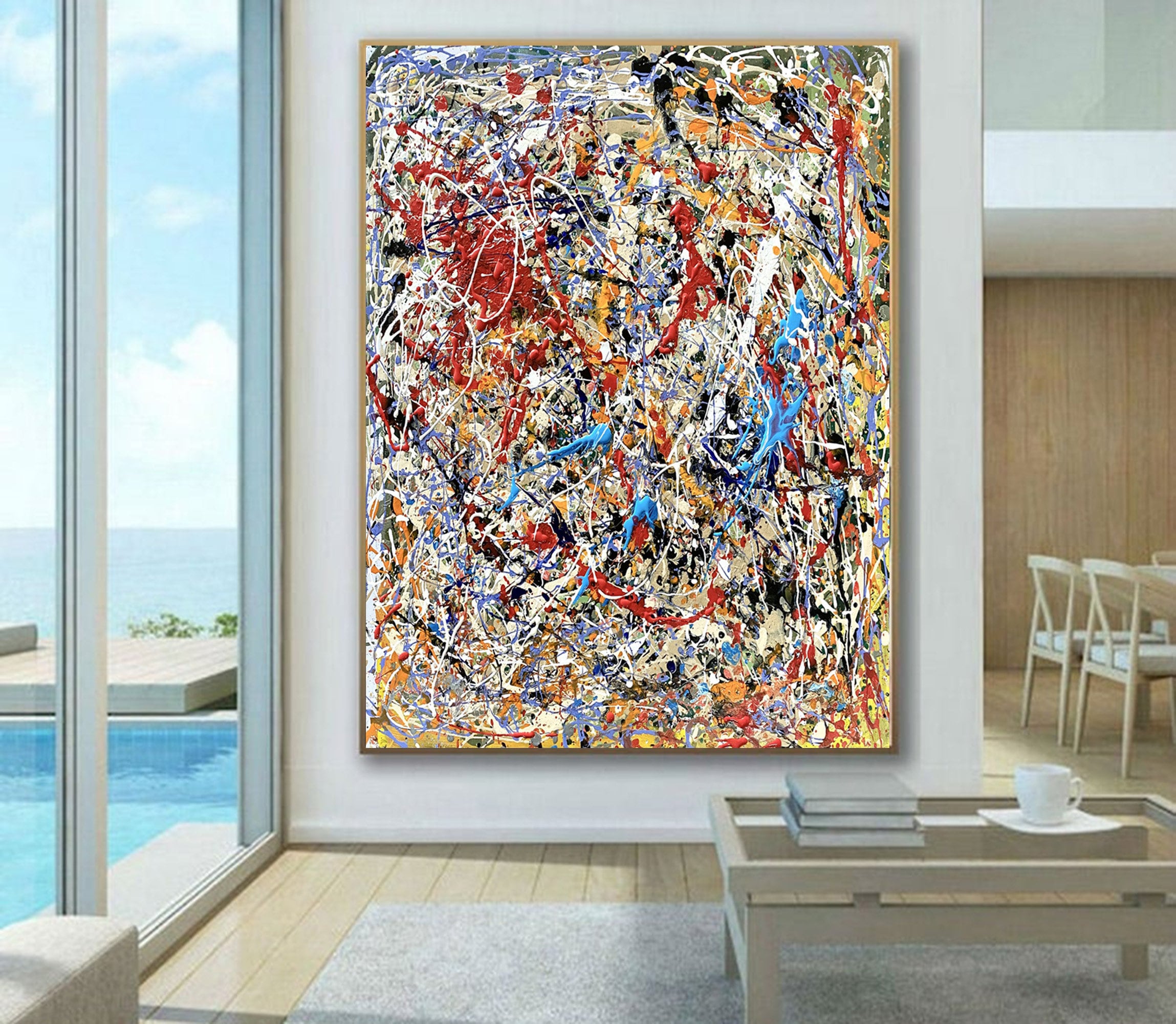 Red Abstract Wall Art, Jackson Pollock Style Painting, Red Abstract ...