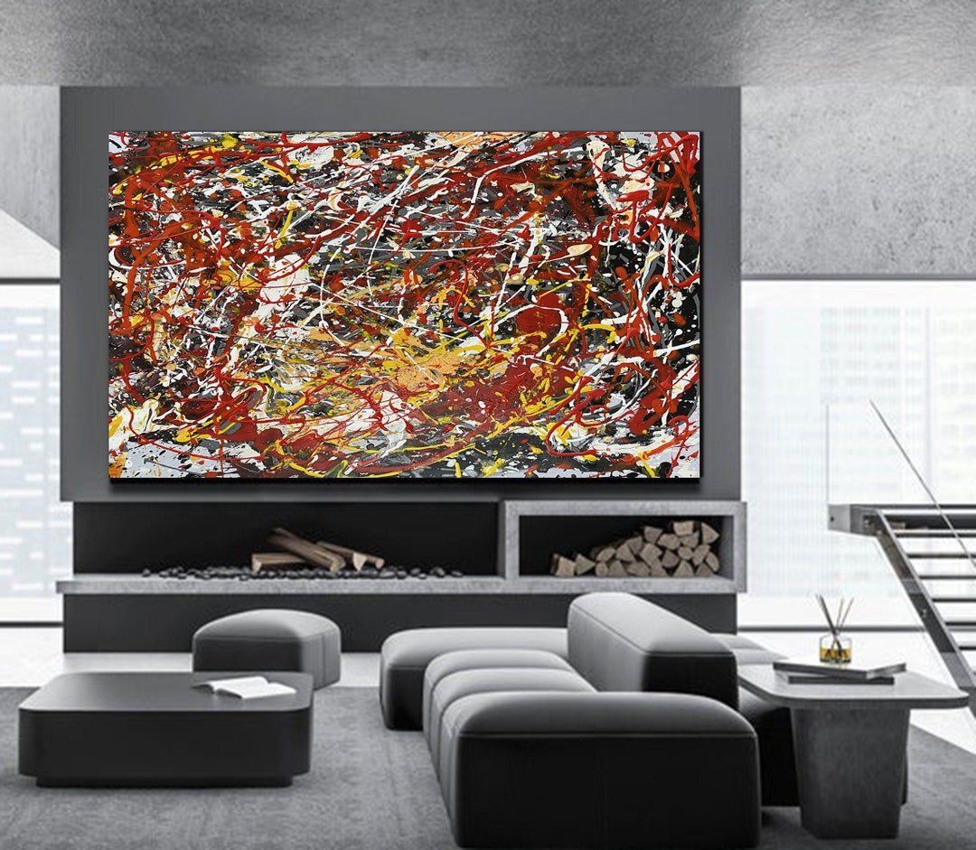 Large Wall Art, Jackson Pollock Painting Red Yellow Original Paintings ...