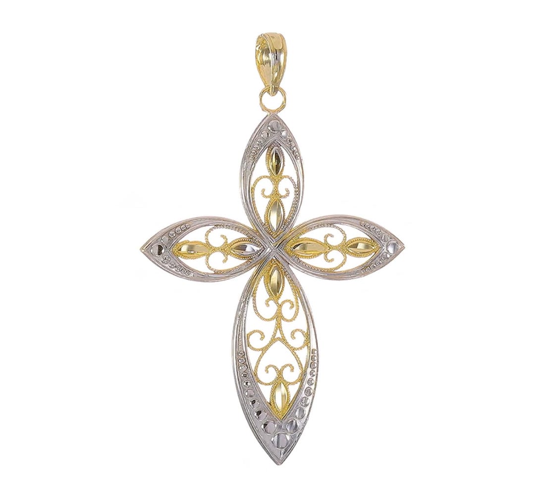 14k Two Tone Gold Yellow White Filigree Cross Pendant Charm | Religious ...
