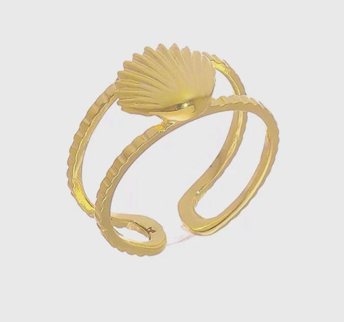 14k Solid Yellow Gold Sea Shell Coastal Adjustable Minimalist Cut Out ...