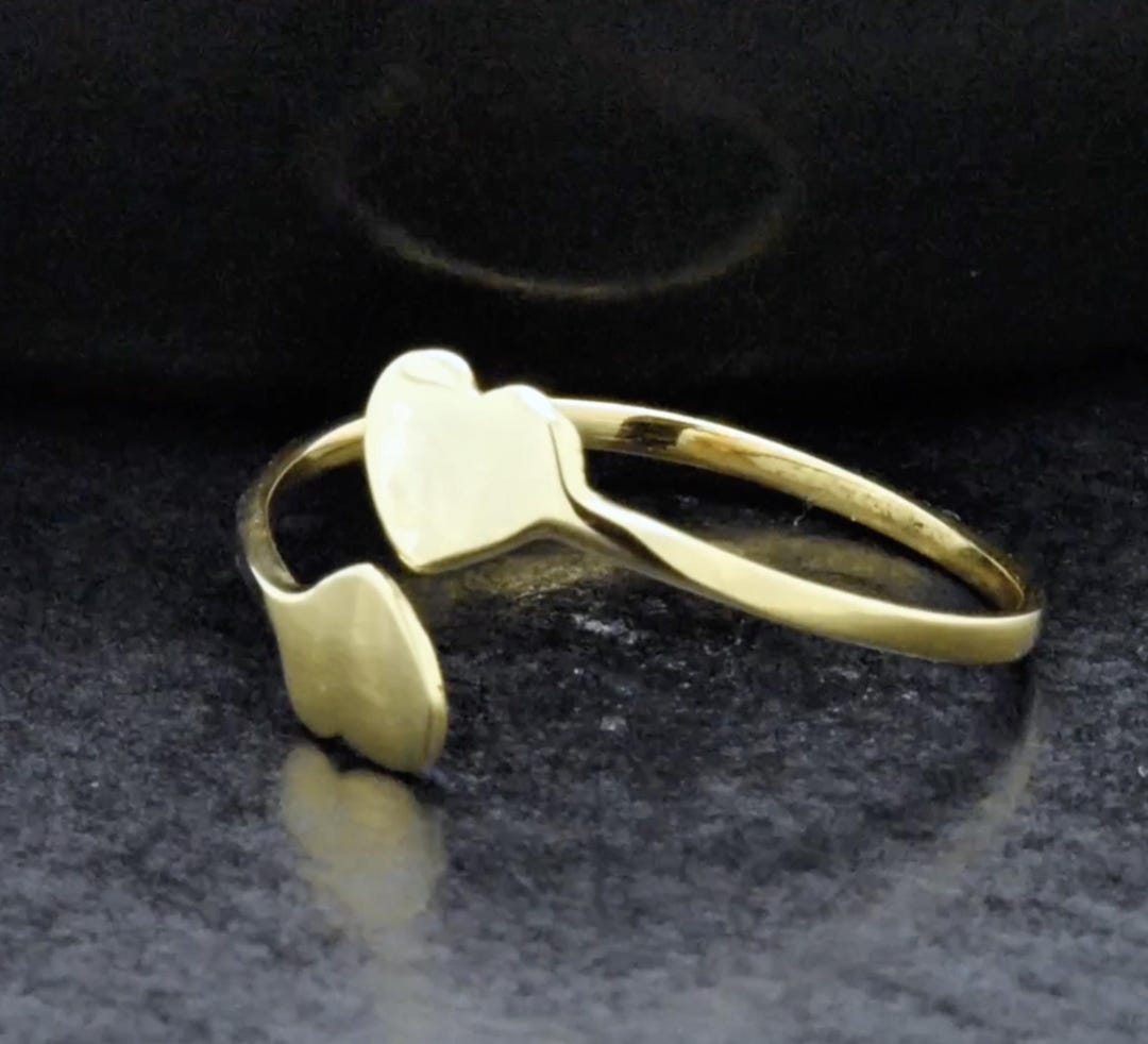 14k Solid Yellow Gold Dainty Double Heart Adjustable Minimalist Hearts ...