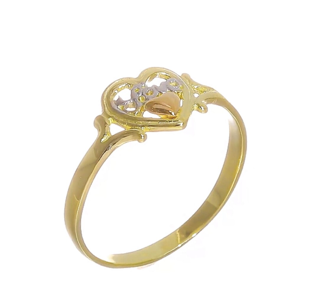 14k Solid Yellow Gold Three Tone White + Pink/rose Tricolor Heart Love ...