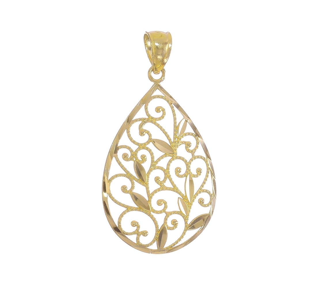 14k Solid Yellow Gold Diamond Cut Vines Teardrop Pendant Drop Charm ...