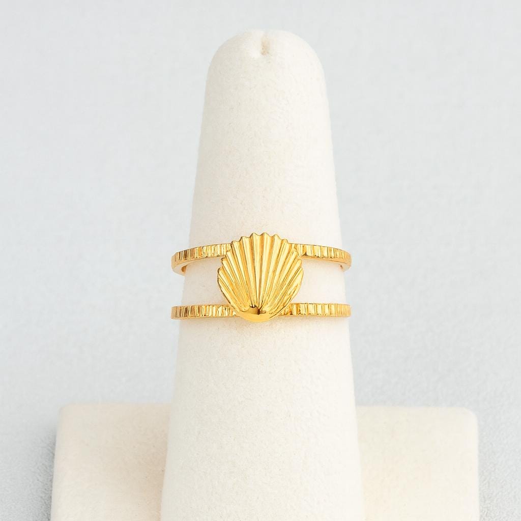 14k Solid Yellow Gold Sea Shell Coastal Adjustable Minimalist Cut Out ...