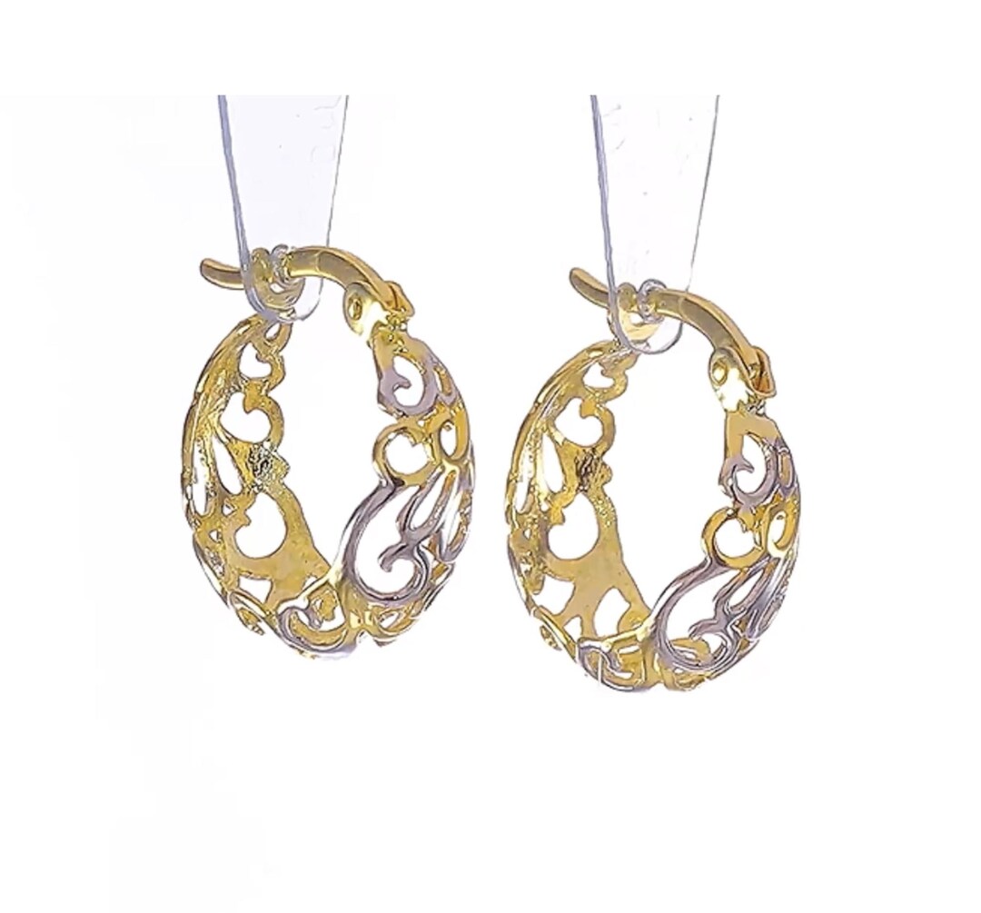 14k Two Tone Gold Yellow + White Gold Fancy Small Retro Vintage Style ...