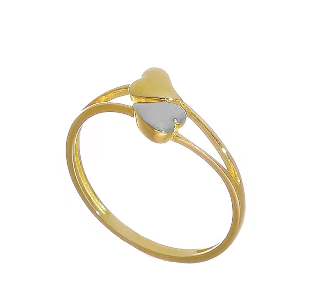 14k Solid Gold Tow Tone Minimalist Puffed Hear Ring | Double Heart ...
