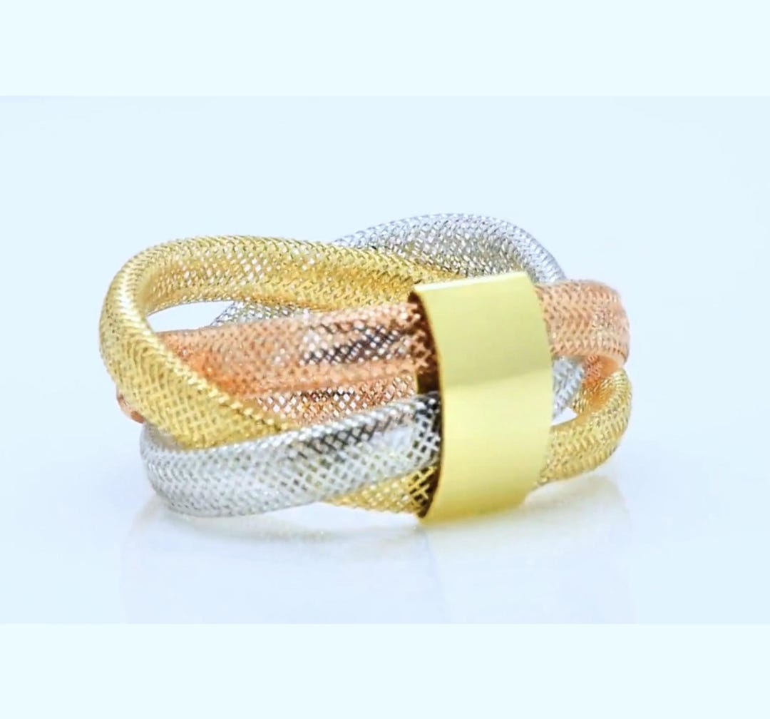 14k Tricolor Three Tone Gold Mesh Ring | Yellow White Pink Classy ...
