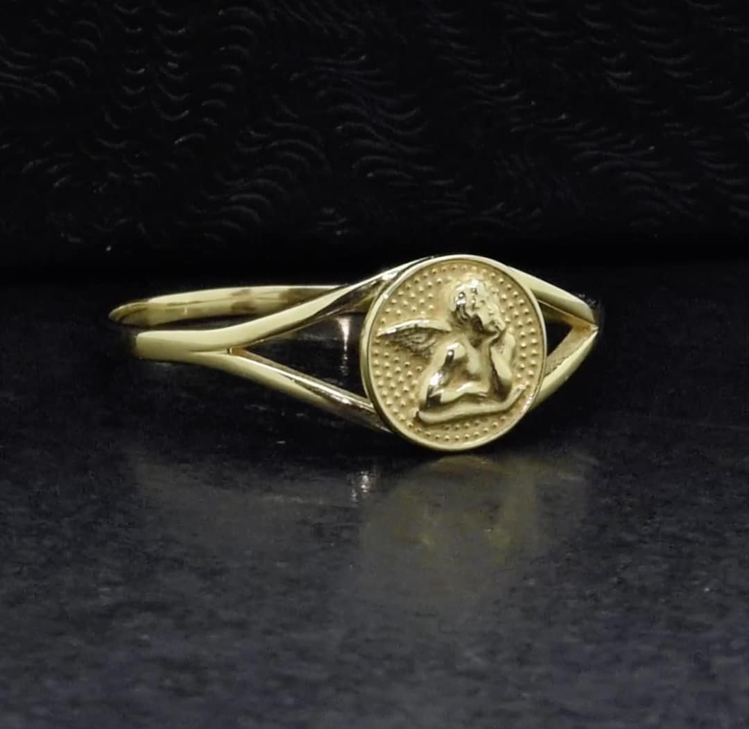 14k Solid Yellow Gold Angel Ring | Religious Catholic Christian Vintage ...