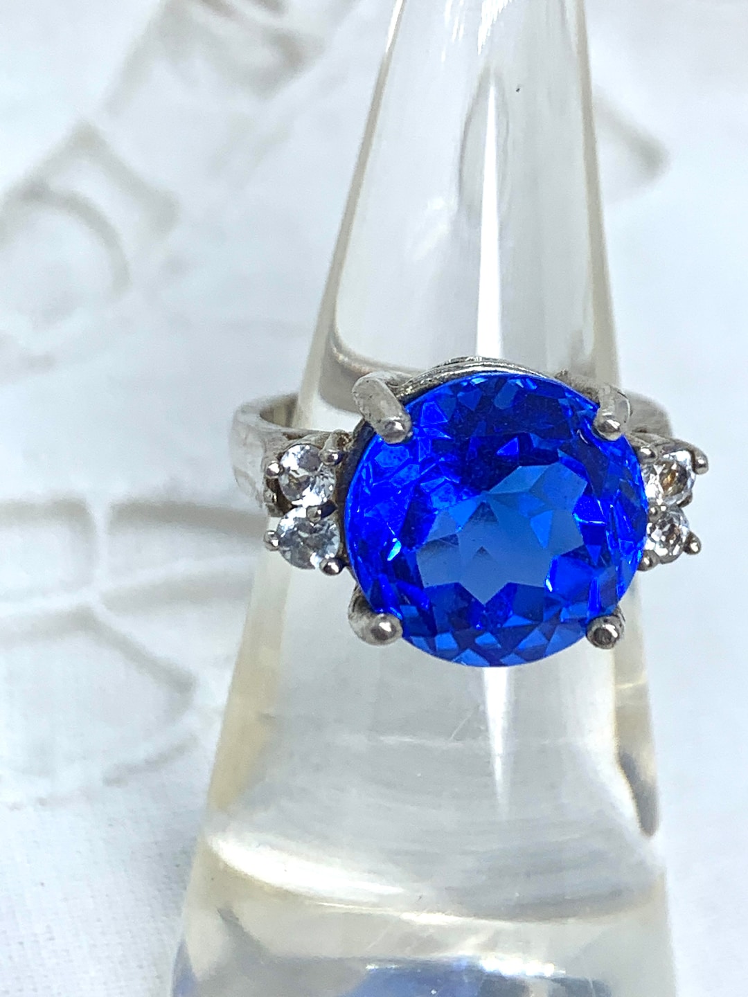 Vintage Dark Blue Cubic Zirconia and Sterling Silver Ring Size 6 - Etsy