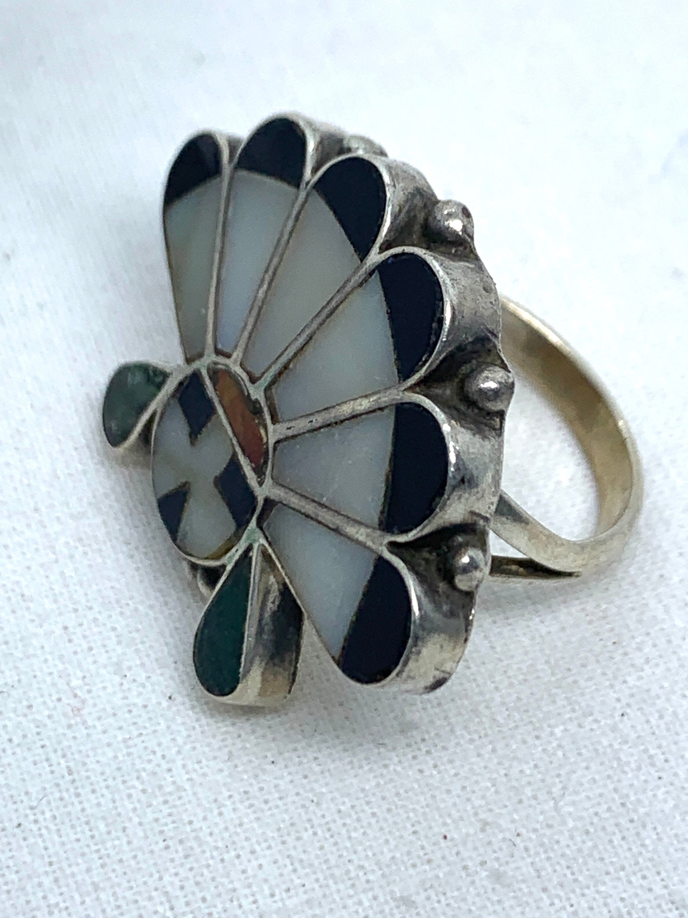 Vintage Zuni Sterling Silver Sun Face Ring With Multi Stone Inlay Size ...