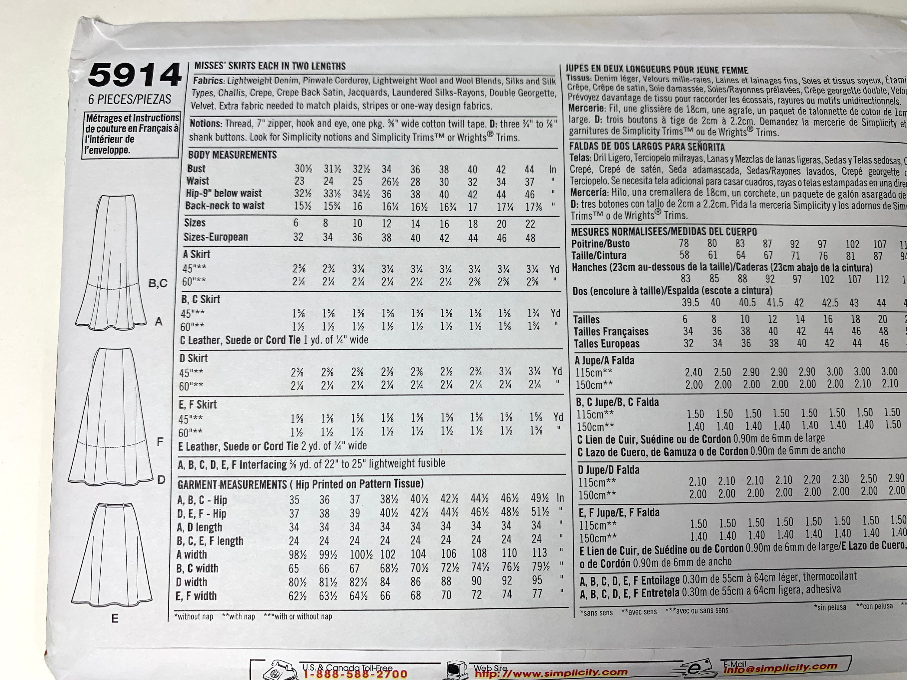 Adult Women's Easy Skirts Pattern Simplicity 5914 Size 14 16 18 20 22 ...