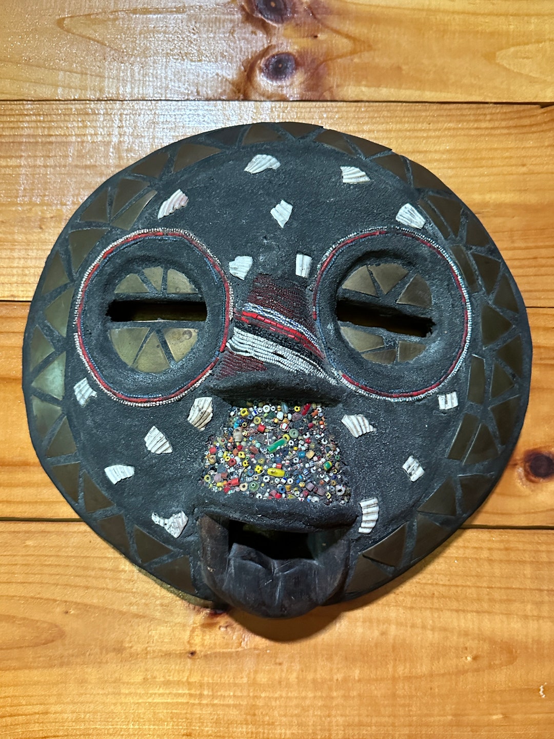 Large African Mask With Black Wood Beads Brass Inlay - Etsy