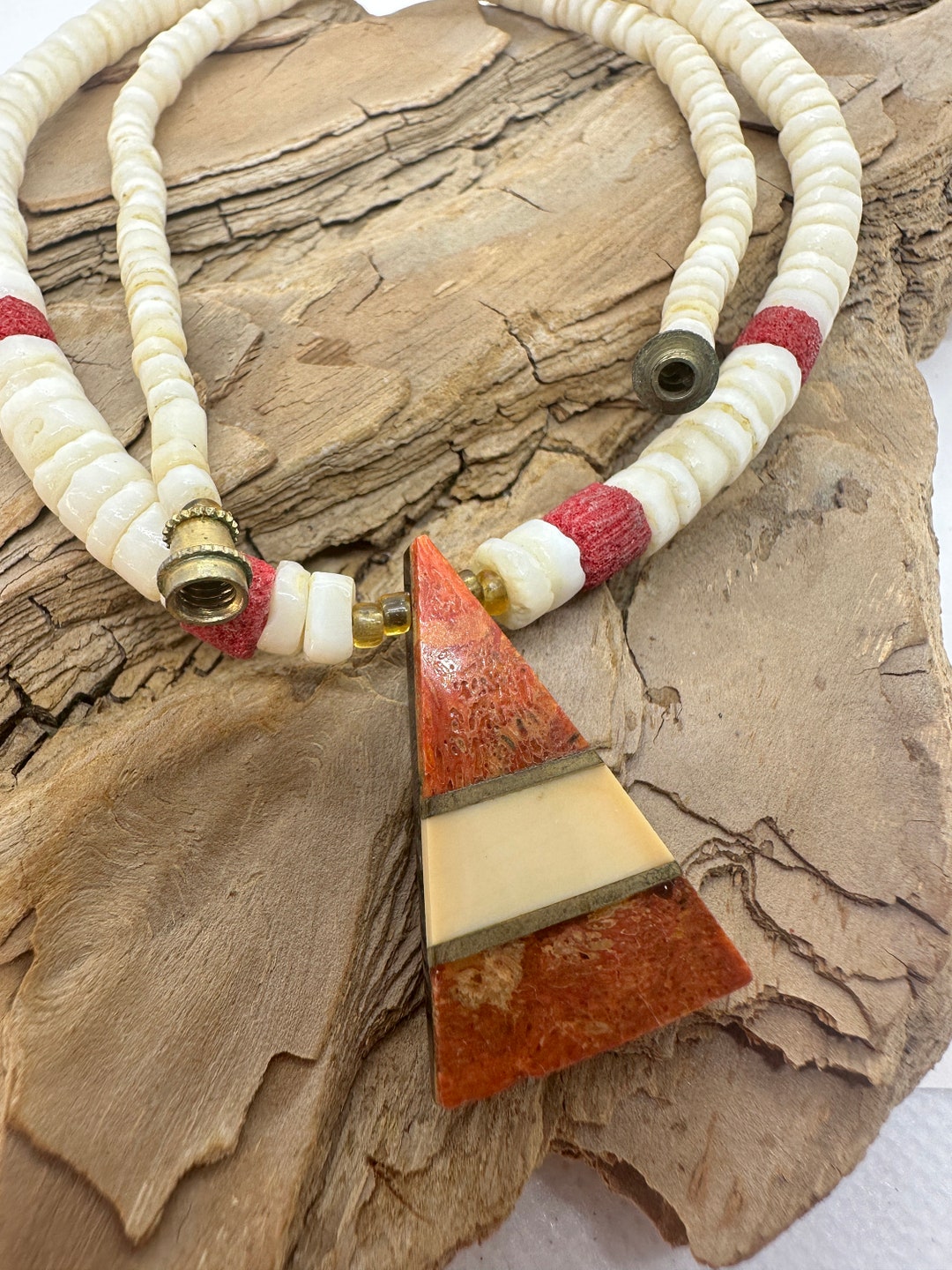 Vintage Shell Mother of Pearl Triangle Pipestone Necklace - Etsy