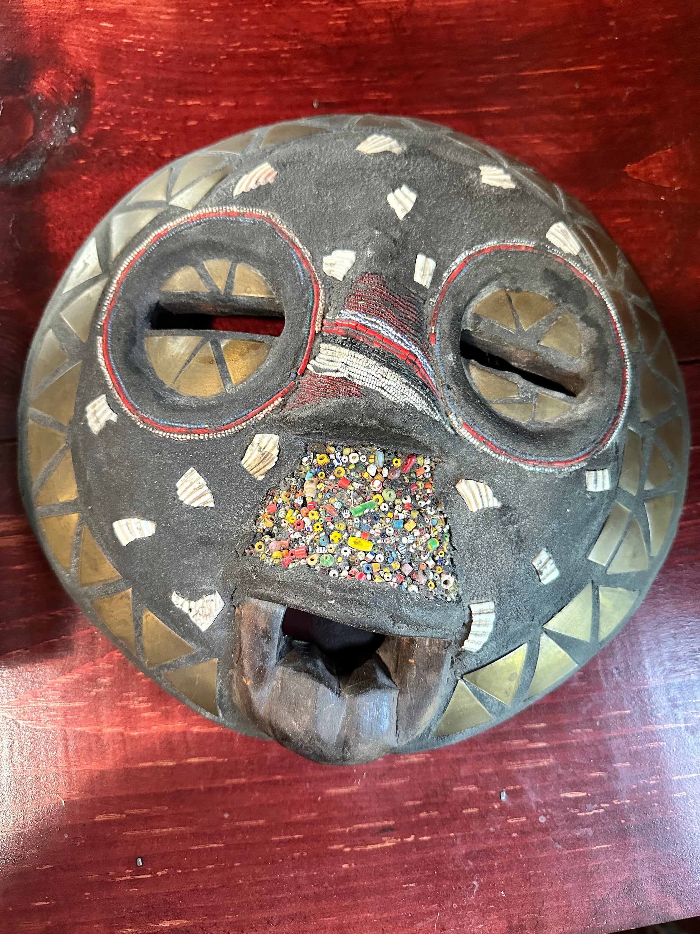 Large African Mask With Black Wood Beads Brass Inlay - Etsy